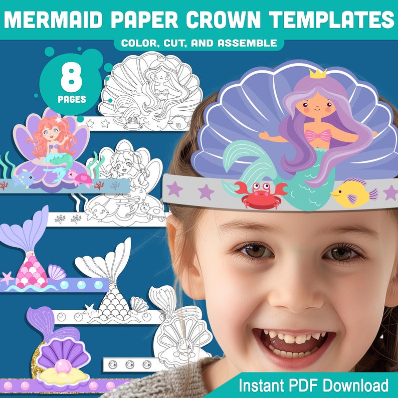 Mermaid Paper Crown Templates – Printable Headband Craft for Kids With ...