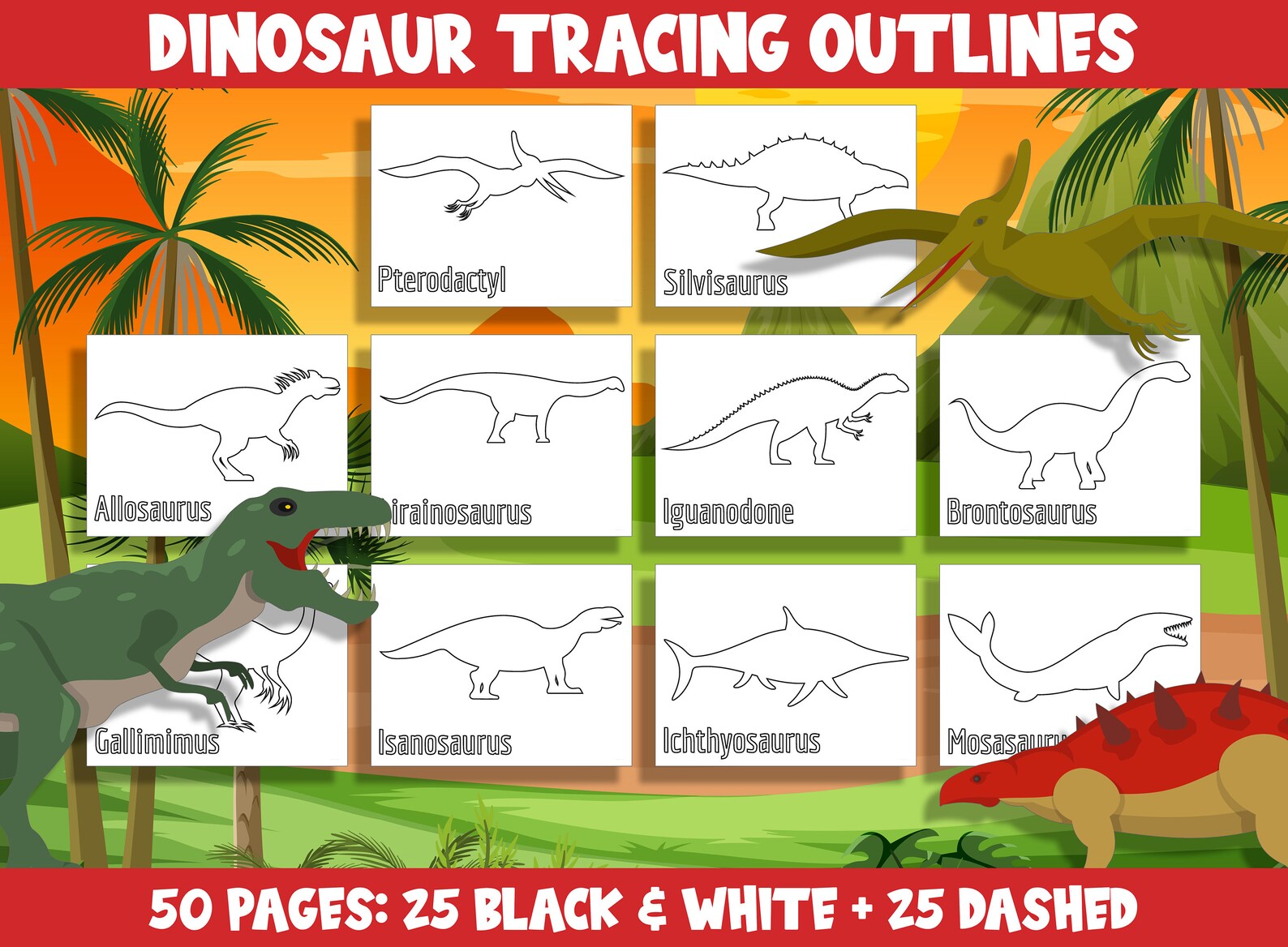 Printable Dinosaur Outline, 25 Blank black & White 25 Dashed Tracing Outlines Clipart Set ...