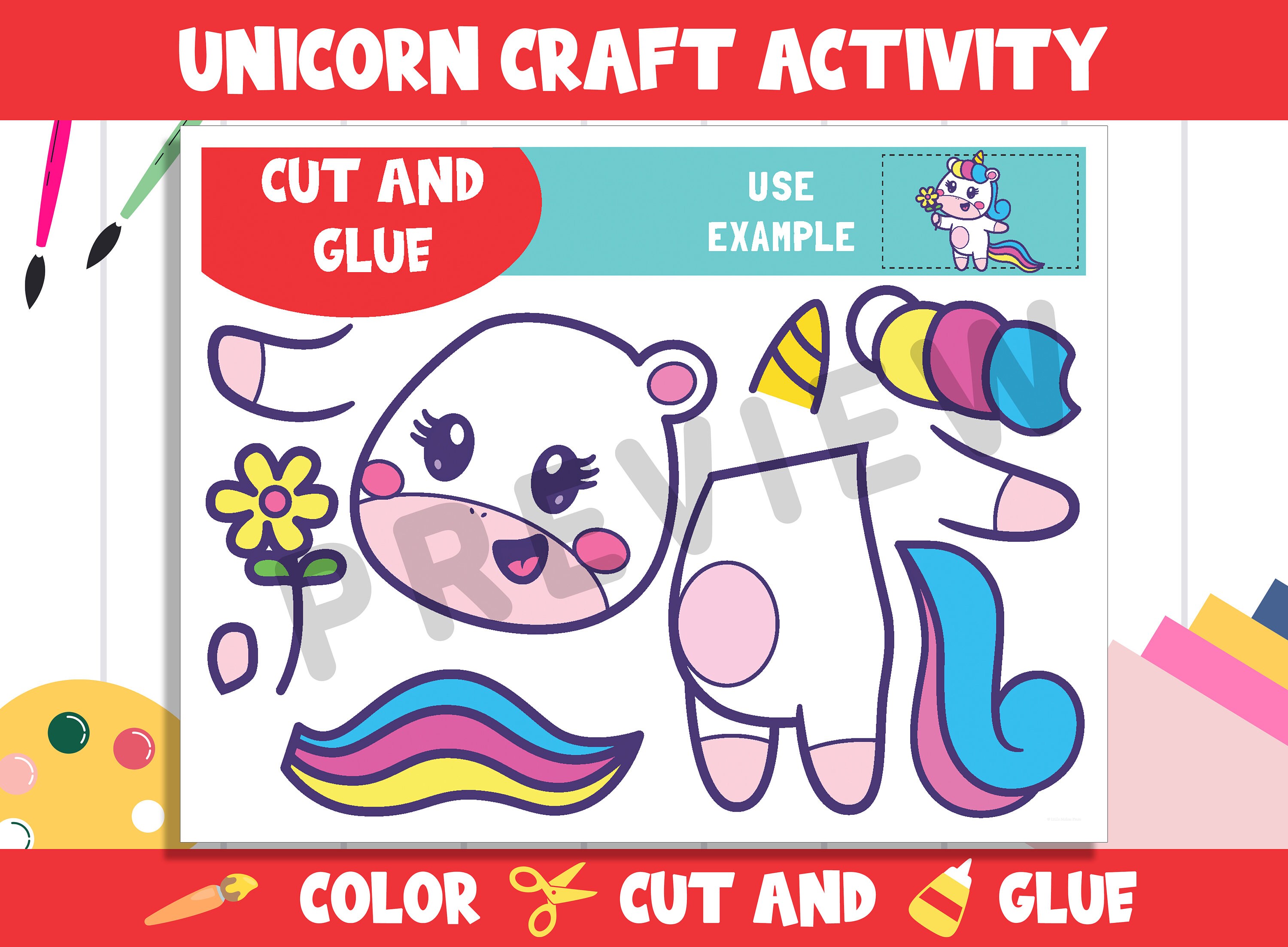 Cute Unicorn Craft Activity - Color, Cut, and Glue for Prek to 2nd ...