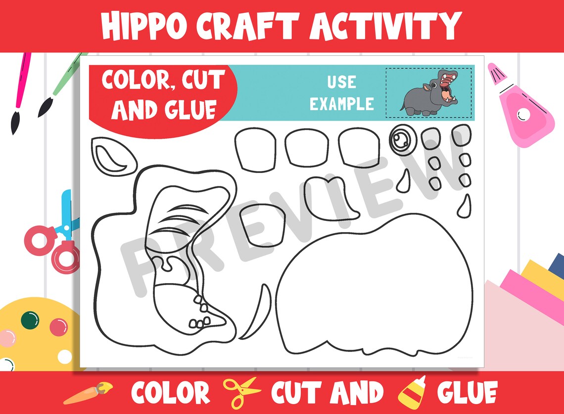 Cute Hippo Craft Activity Color, Cut, and Glue for Prek to 2nd Grade ...