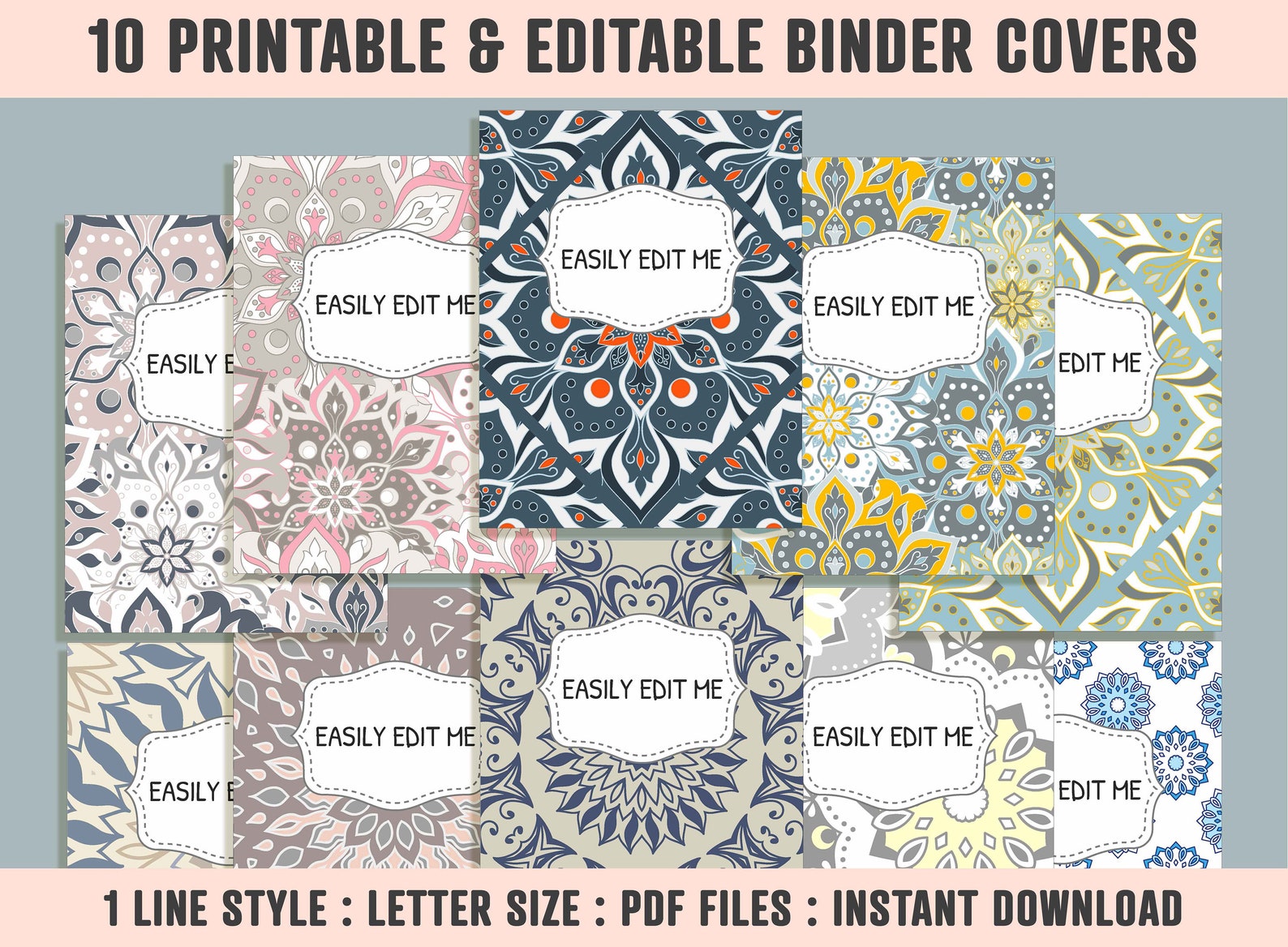 Mandala Binder Cover, 10 Printable/editable Binder Covers+spines, Hand ...