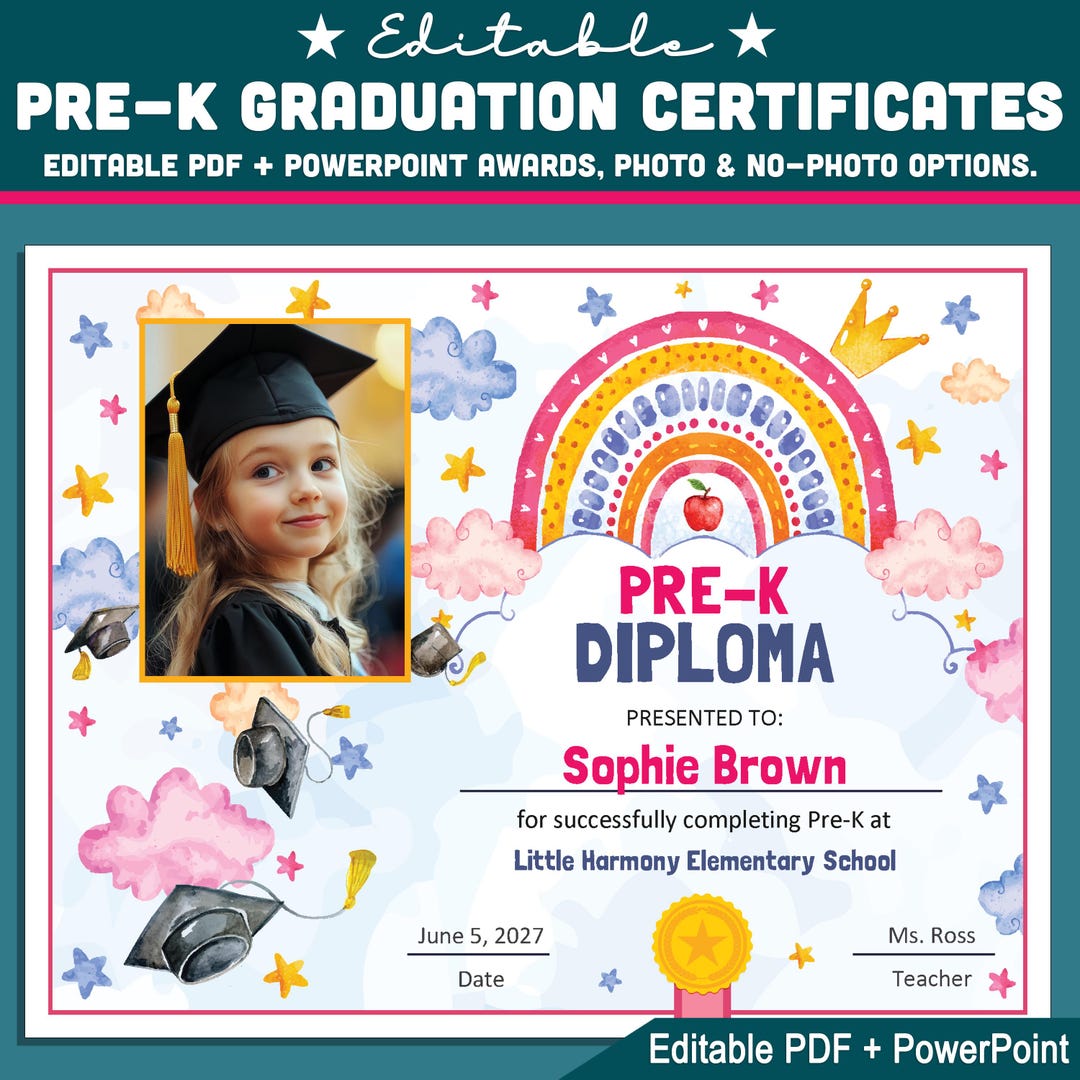 Pre-k Graduation Certificates, Editable Rainbow Awards for Ceremony Day ...