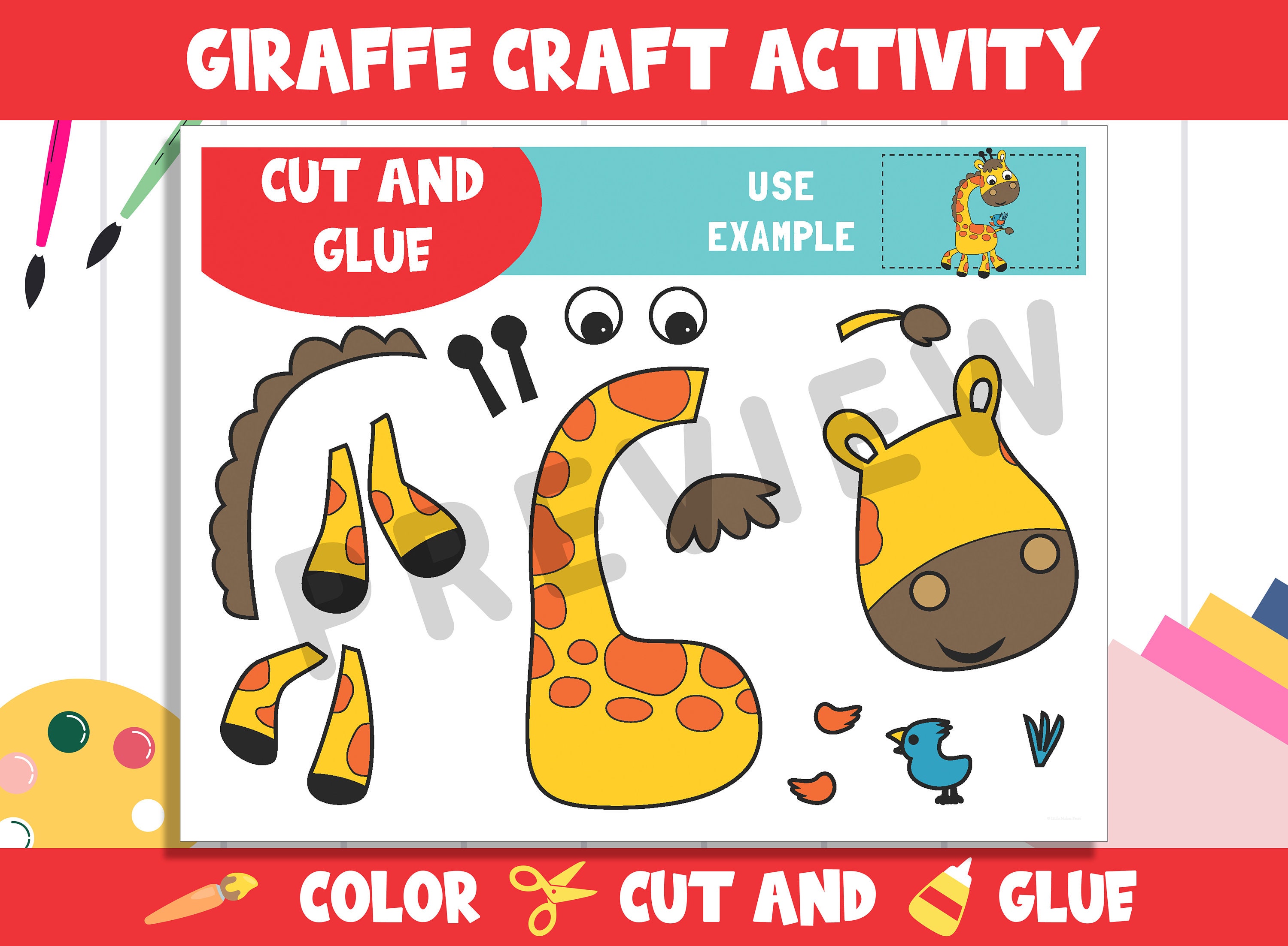 Cute Giraffe Craft Activity Color, Cut, and Glue for Prek to 2nd Grade ...