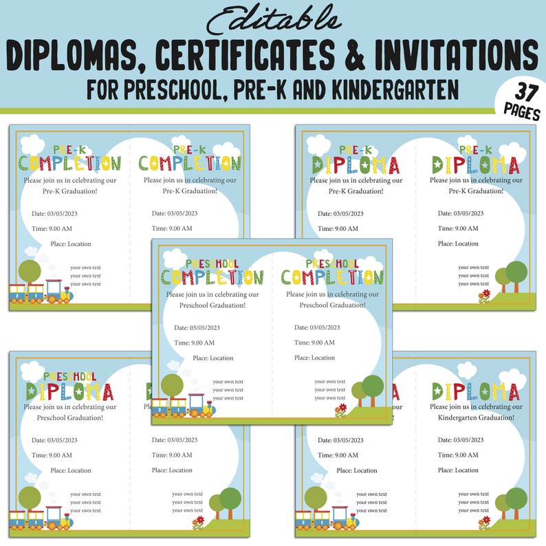Editable Pre Kindergarten, Preschool, Kindergarten Diplomas ...