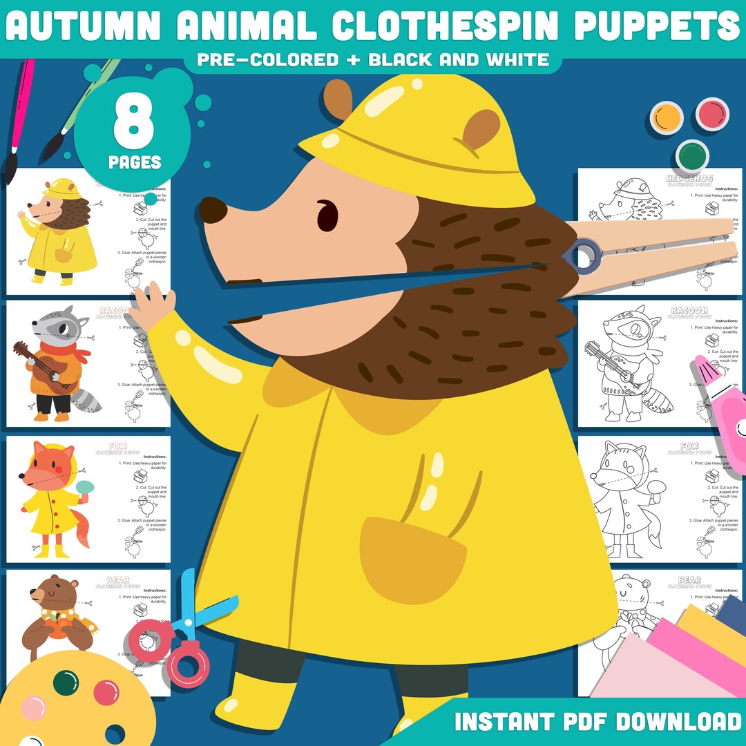 Autumn Animal Clothespin Puppets for Kids: 8-page Printable Craft With ...