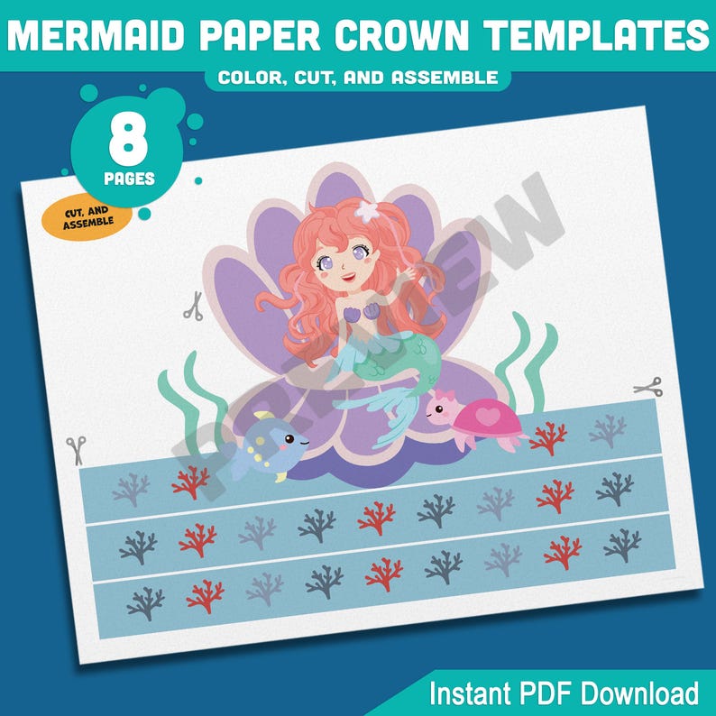 Mermaid Paper Crown Templates – Printable Headband Craft for Kids With ...