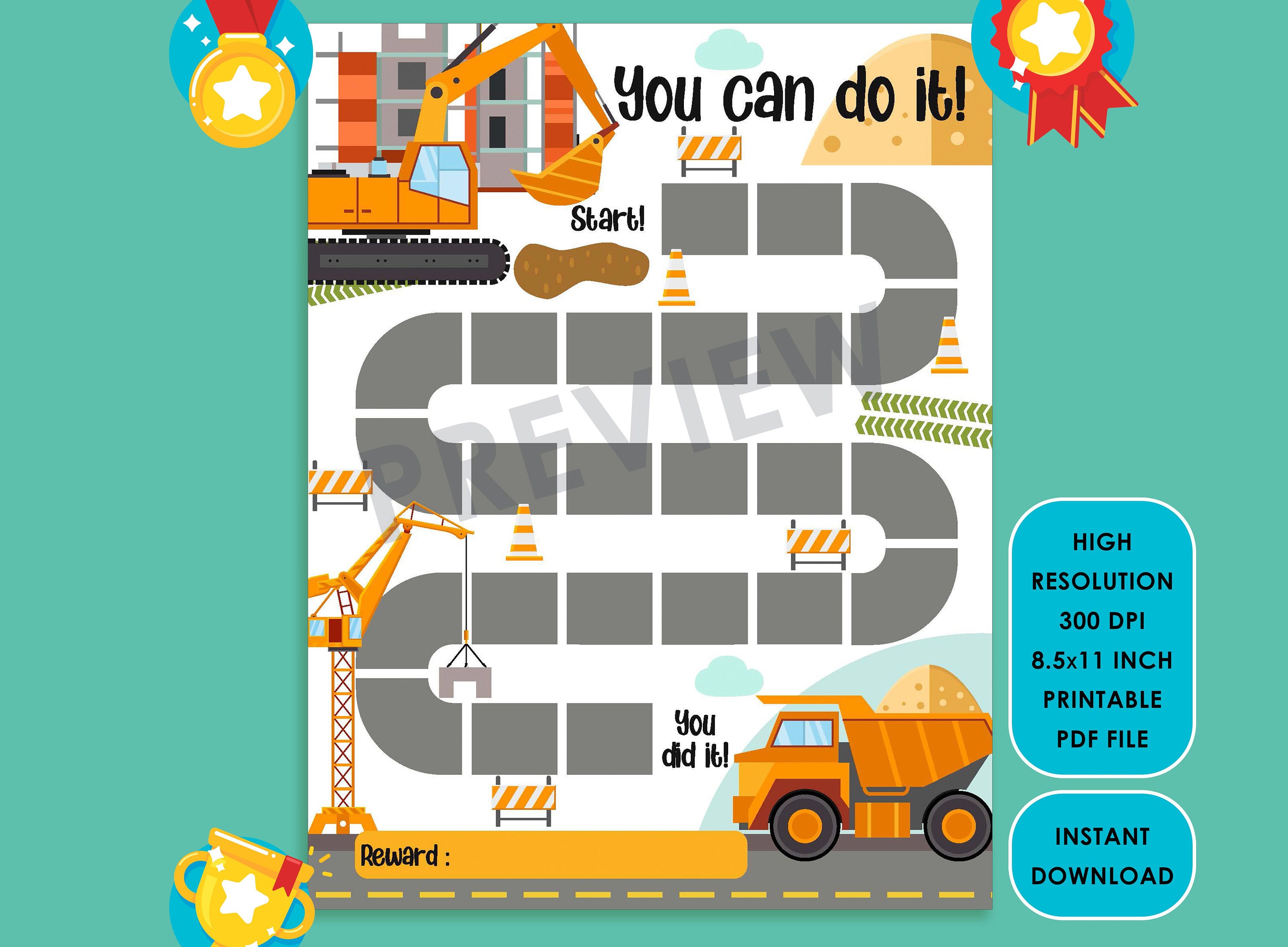 Printable Building Work Reward Chart for Kids: Fun Construction Theme ...