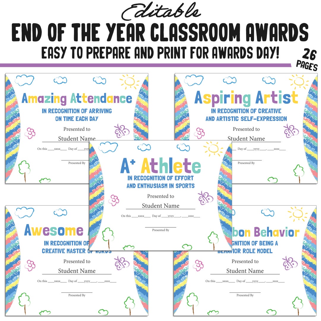 Editable End of Year Awards for Students, 26 Pages, PDF, Instant ...
