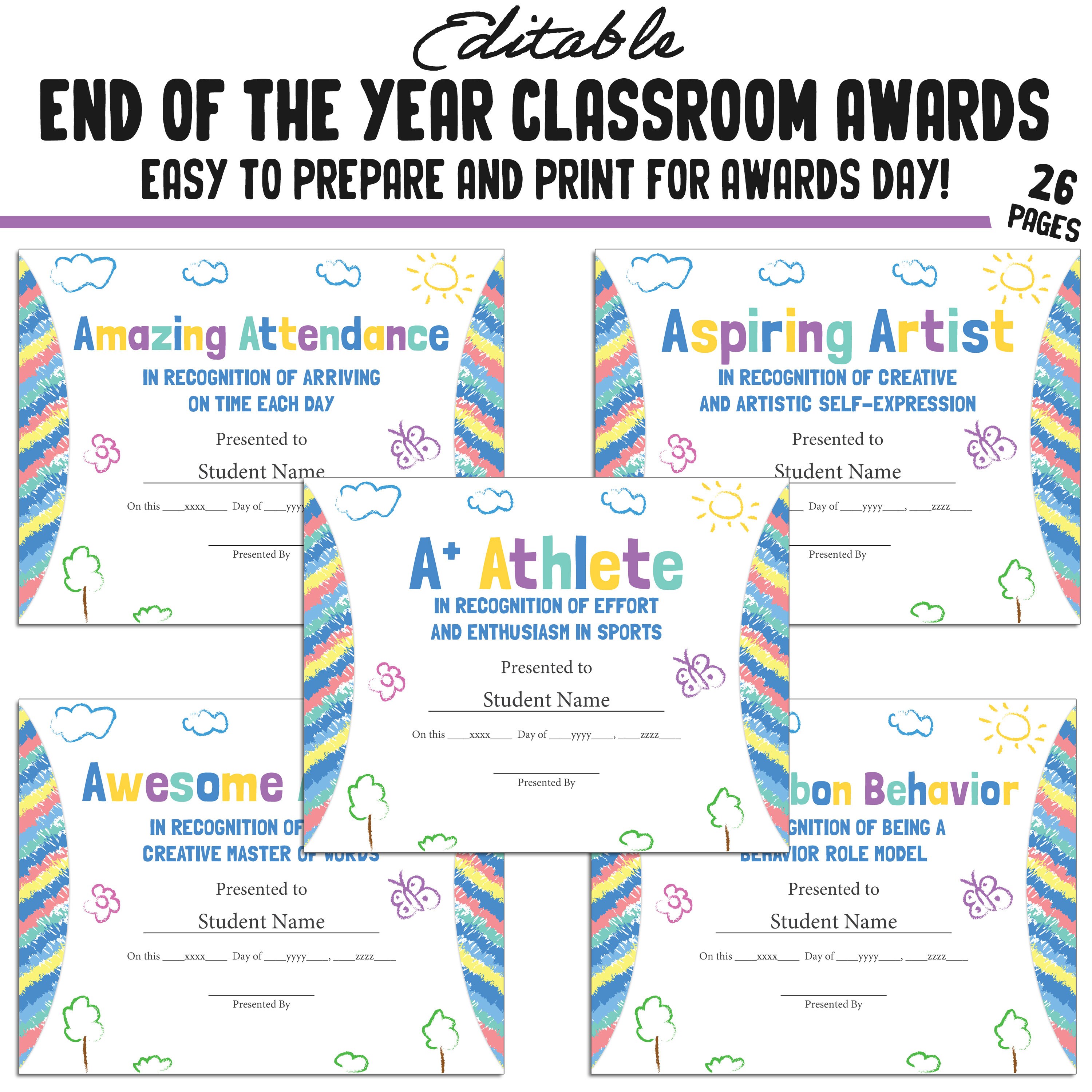 Editable End of Year Awards for Students, 26 Pages, PDF, Instant ...