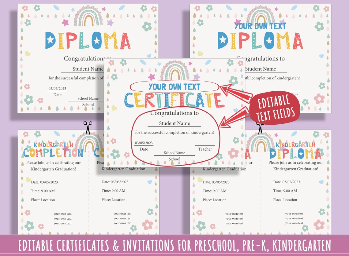 Diploma, Certificate, and Invitation Templates for Kindergarten and ...