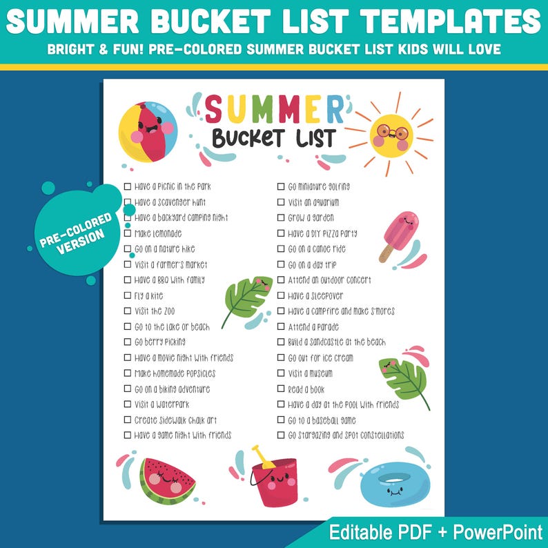 Editable Summer Bucket List Template for Classroom: Printable Kids ...