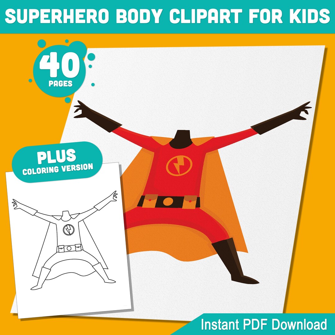 Superhero Body Clipart for Kids, Prek to 6th Grade, 40 Printable Pages ...