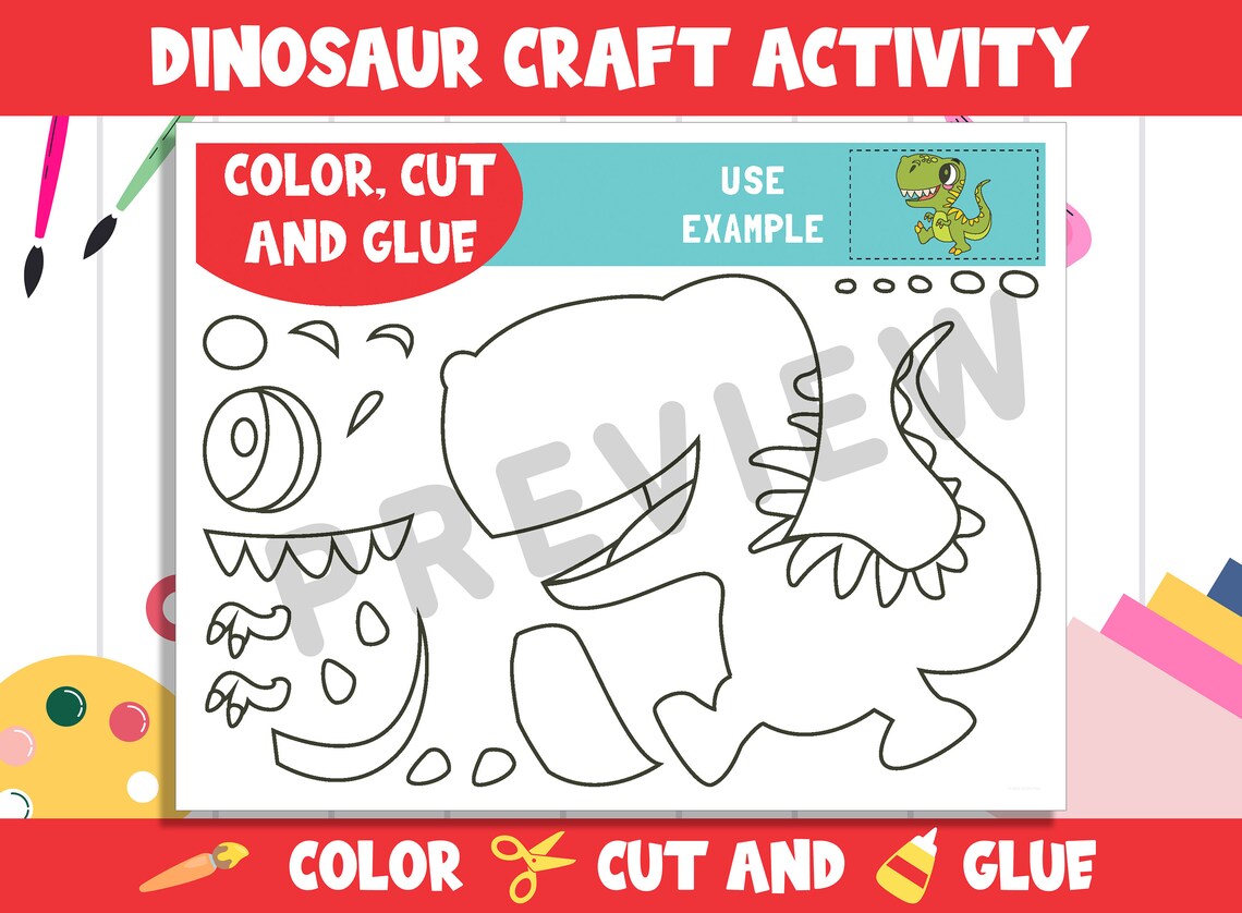 Cute Dinosaur Craft Activity Color, Cut, and Glue for Prek to 2nd Grade ...