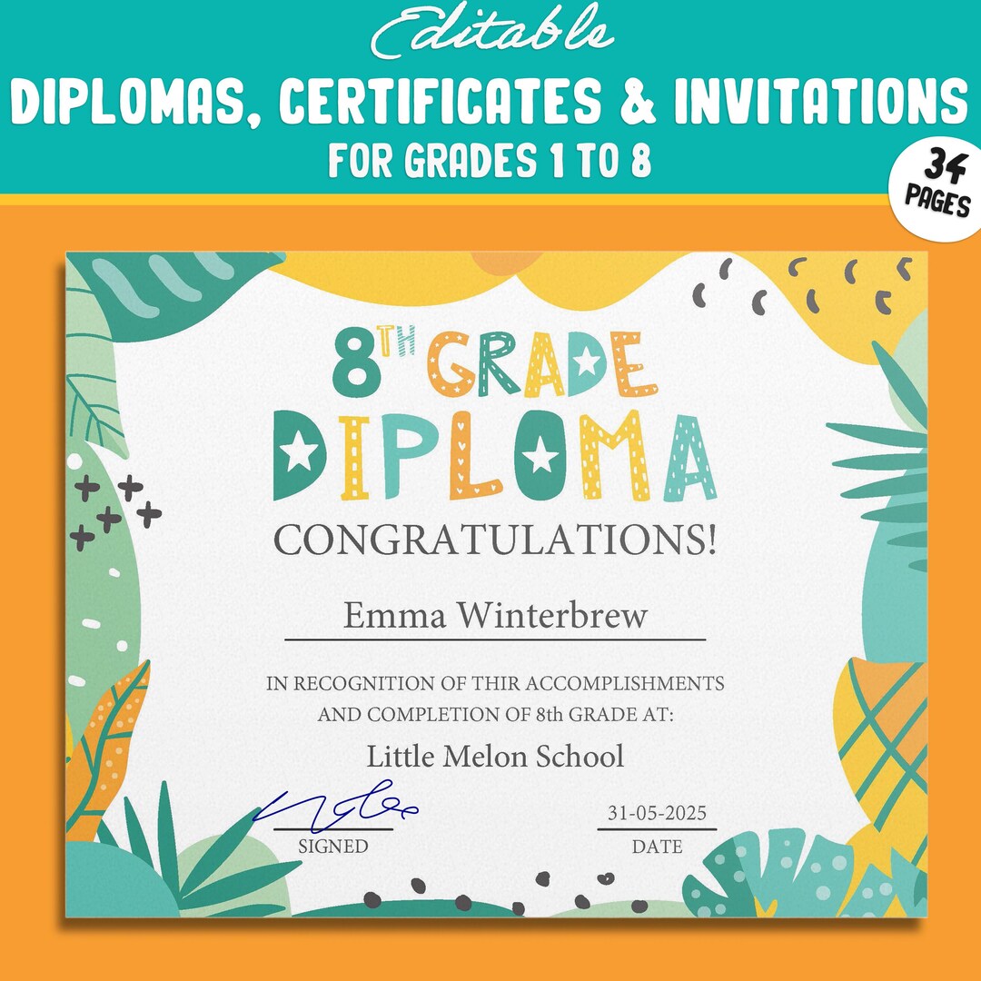 Editable 8th Grade Awards, 1st to 8th Grade Diploma, Certificate of ...