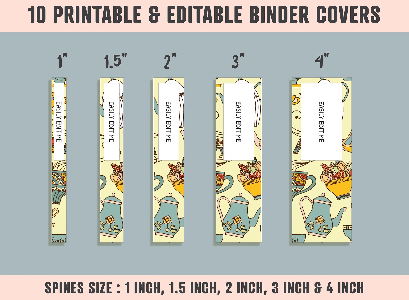 Cups and Teapots Binder Cover, 10 Printable & Editable Binder Covers ...