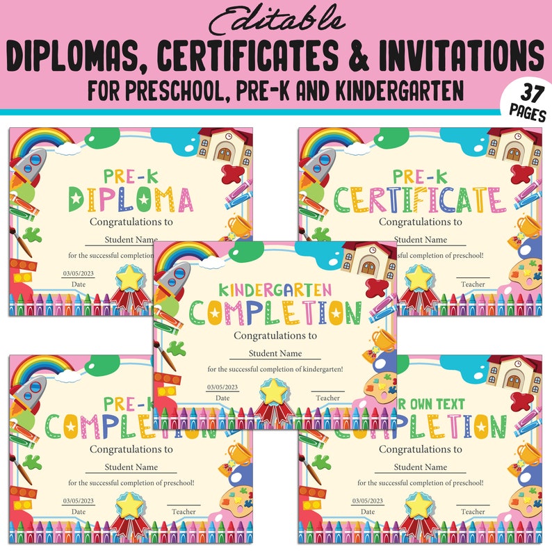 Editable Preschool, Pre-k, and Kindergarten Diplomas, Certificates, and ...