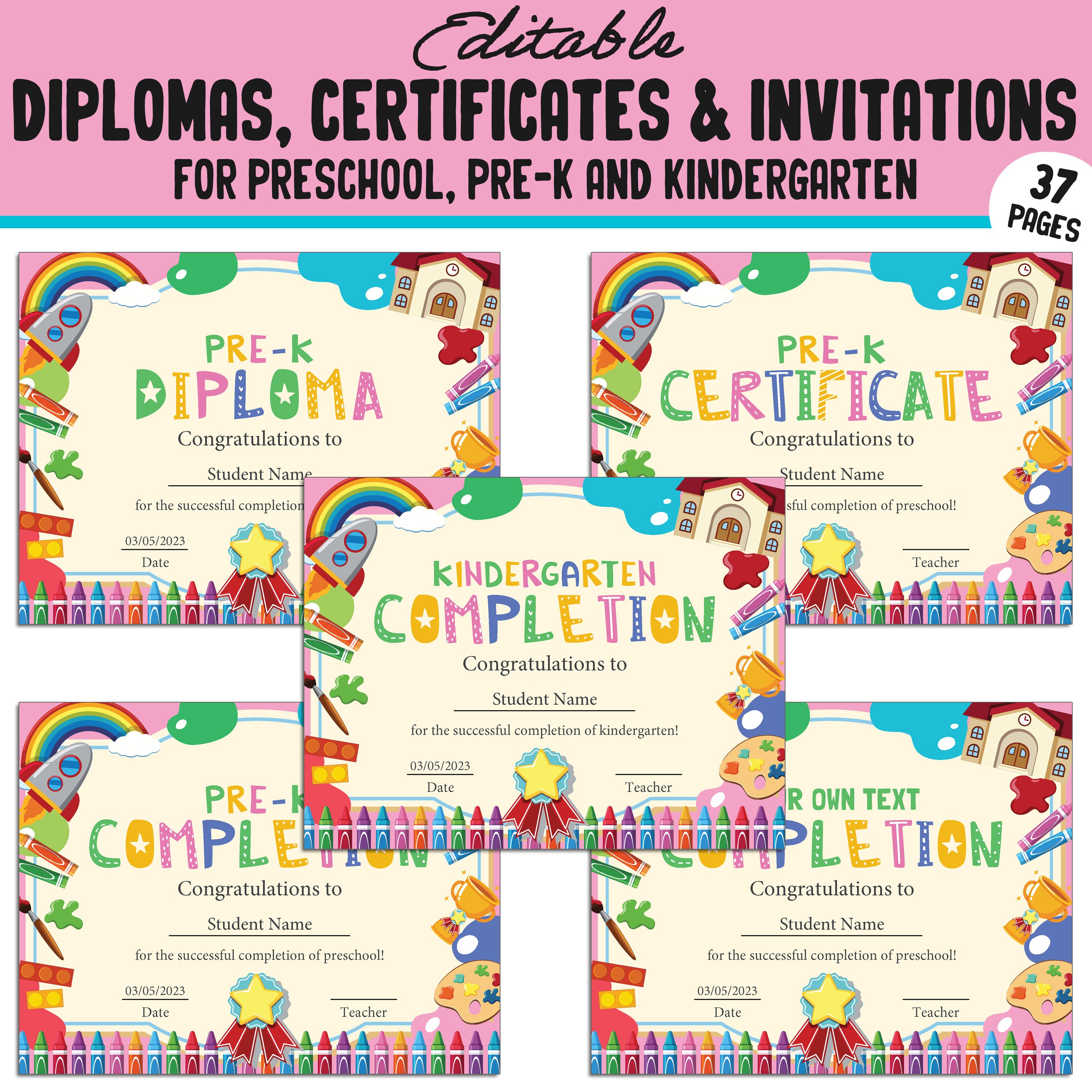 Editable Preschool, Pre-k, and Kindergarten Diplomas, Certificates, and ...