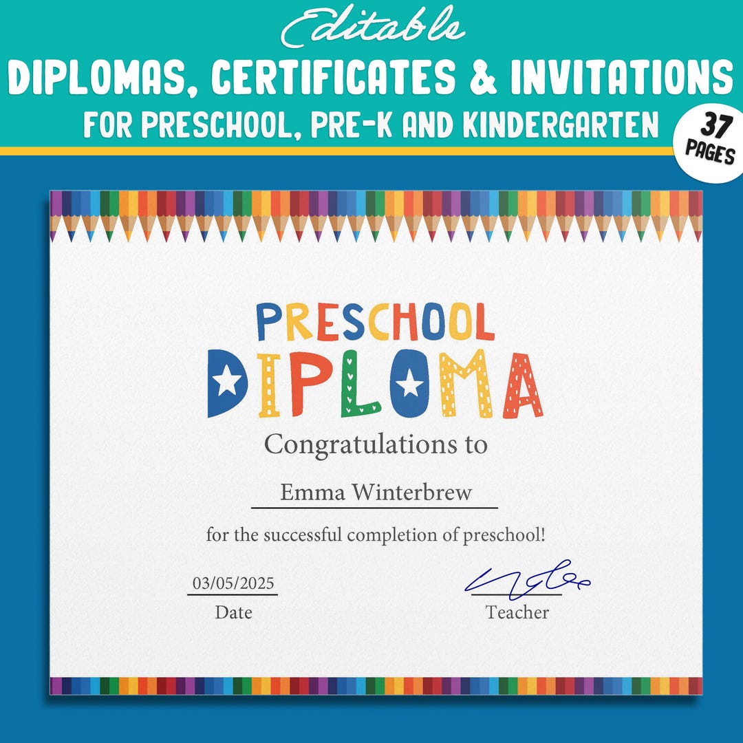 Preschool and Kindergarten Diploma, Certificate, and Invitation ...