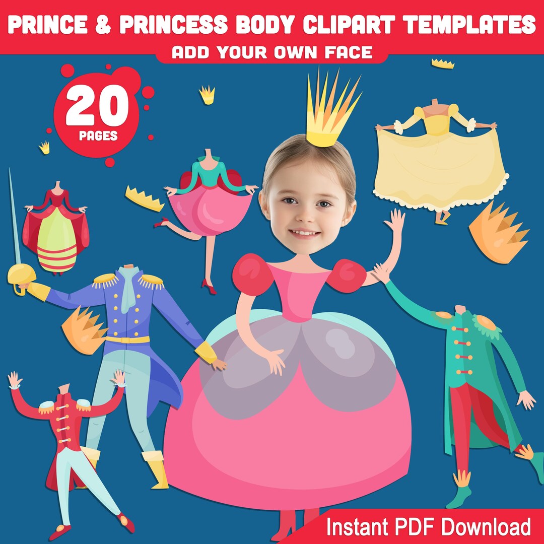 Prince and Princess Body Clipart Templates: Add Your Own Photo Face, 20 ...