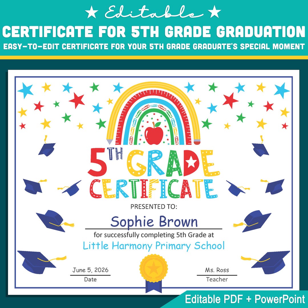 Editable 5th Grade Certificate Template: Customizable Letter Size PDF ...