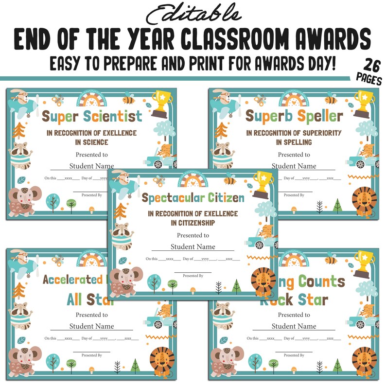 Editable End-of-year Class Superlatives Awards Certificates for Pre-k ...