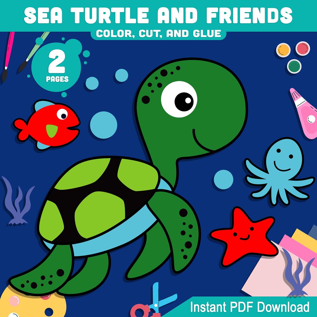 Sea Turtle and Ocean Friends Craft, Pre-colored and Black & White Cut ...