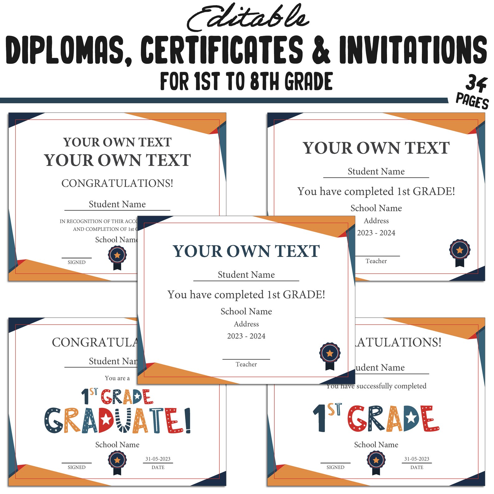 Printable 4th Grade Diplomas, Editable Certificates for 1st-8th Grades ...