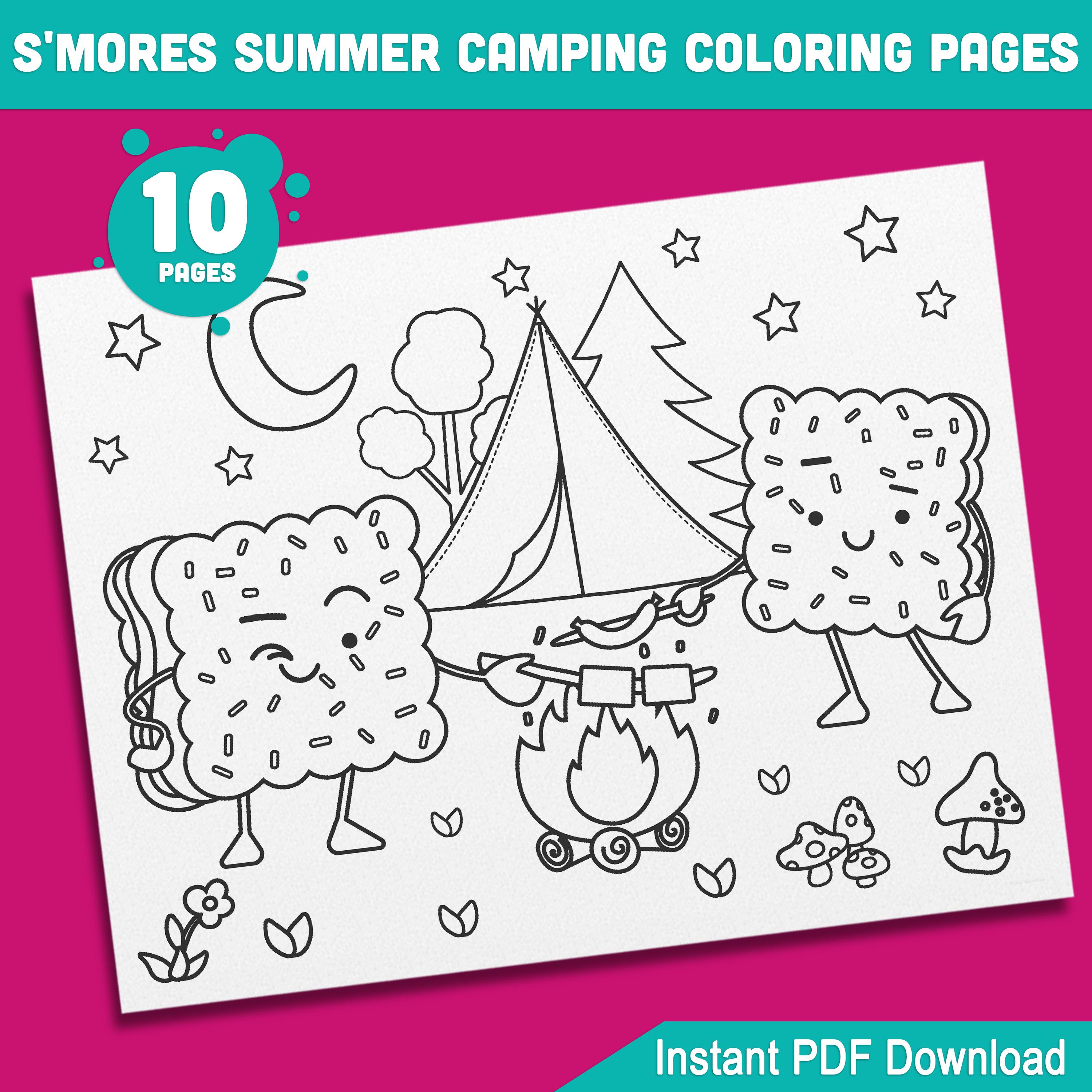 S'mores Summer Camping Coloring Pages for Kids, 10 Printable Sheets ...