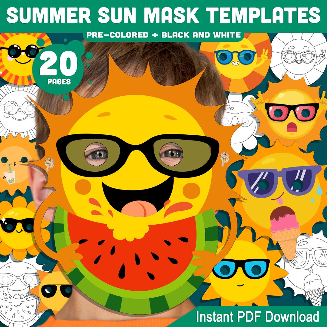 Printable Summer Sun Mask Templates: 20 Fun DIY Craft Pages for Kids ...