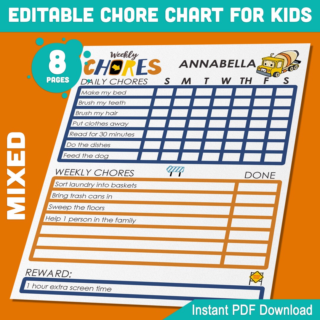 8 Adorable Printable and Editable Chore Chart Ideas for Kids – Instant ...