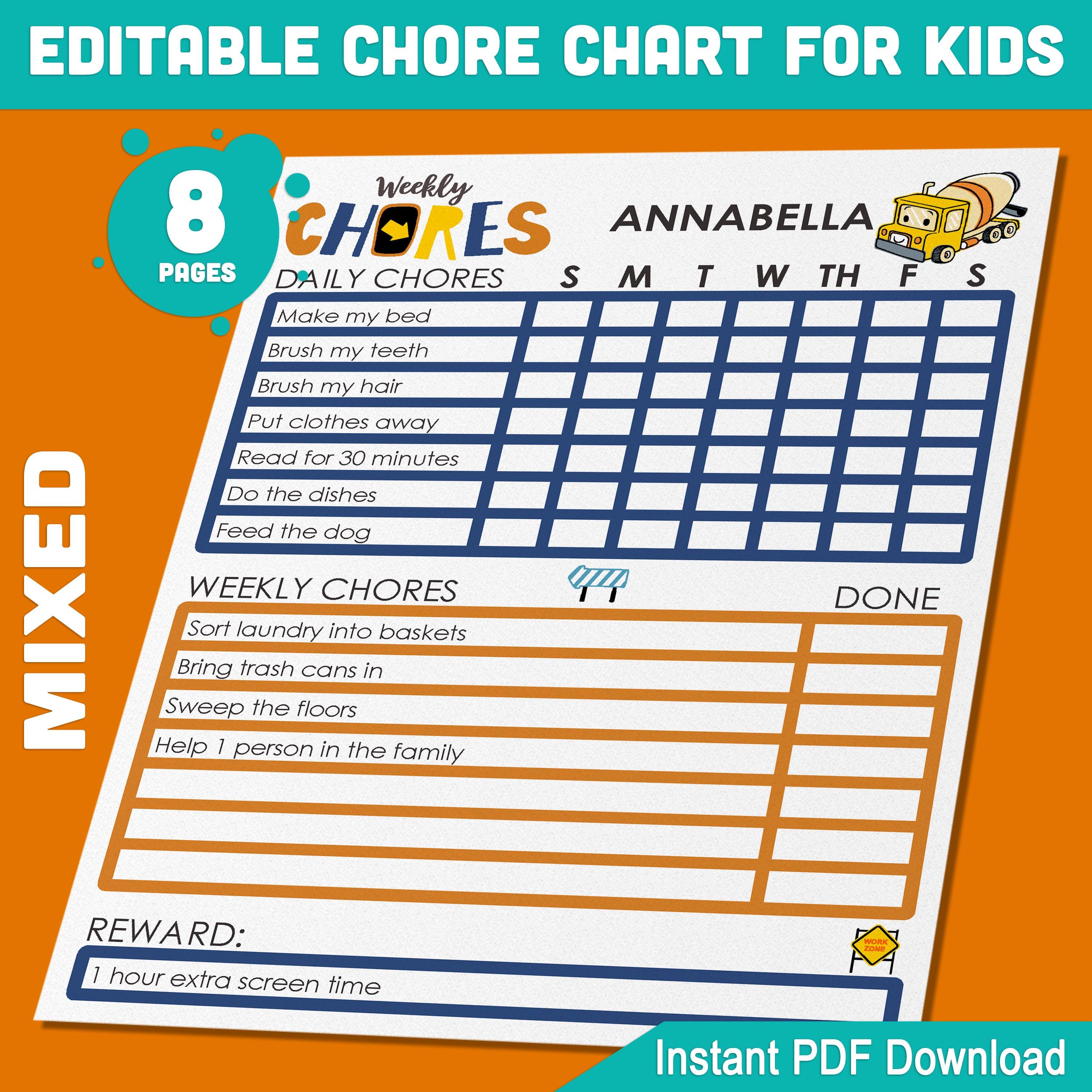 8 Adorable Printable and Editable Chore Chart Ideas for Kids – Instant ...