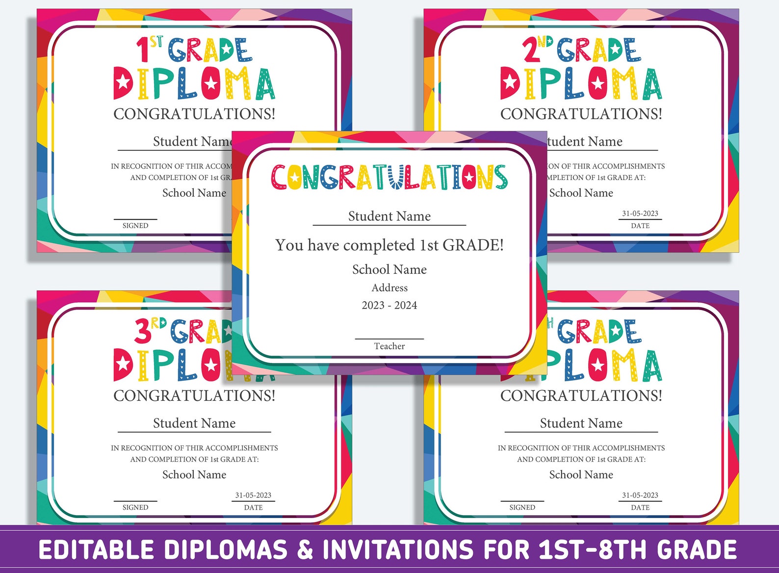 Editable 4th Grade Graduation, 1st to 8th Grade Diploma, Certificate of ...