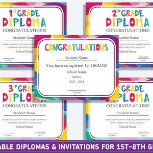 Editable 4th Grade Graduation, 1st to 8th Grade Diploma, Certificate of ...