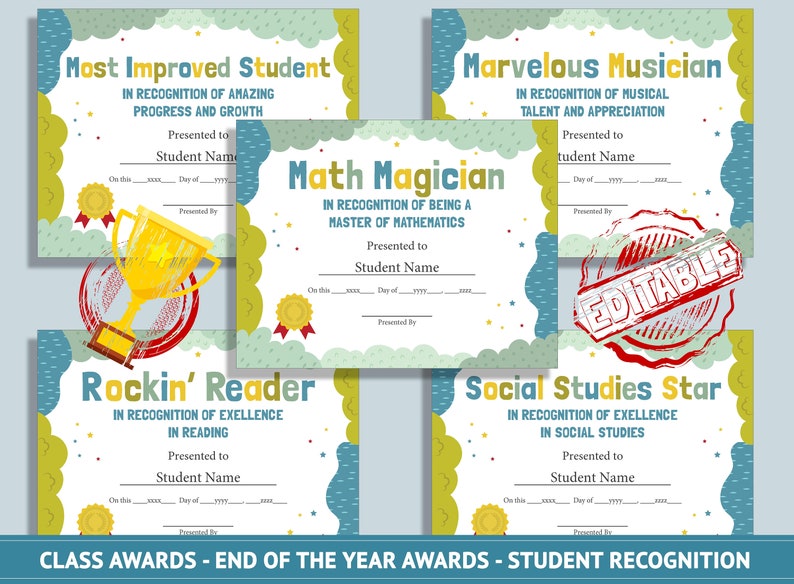 26 Editable Classroom Certificates - End of the Year Awards - Student ...