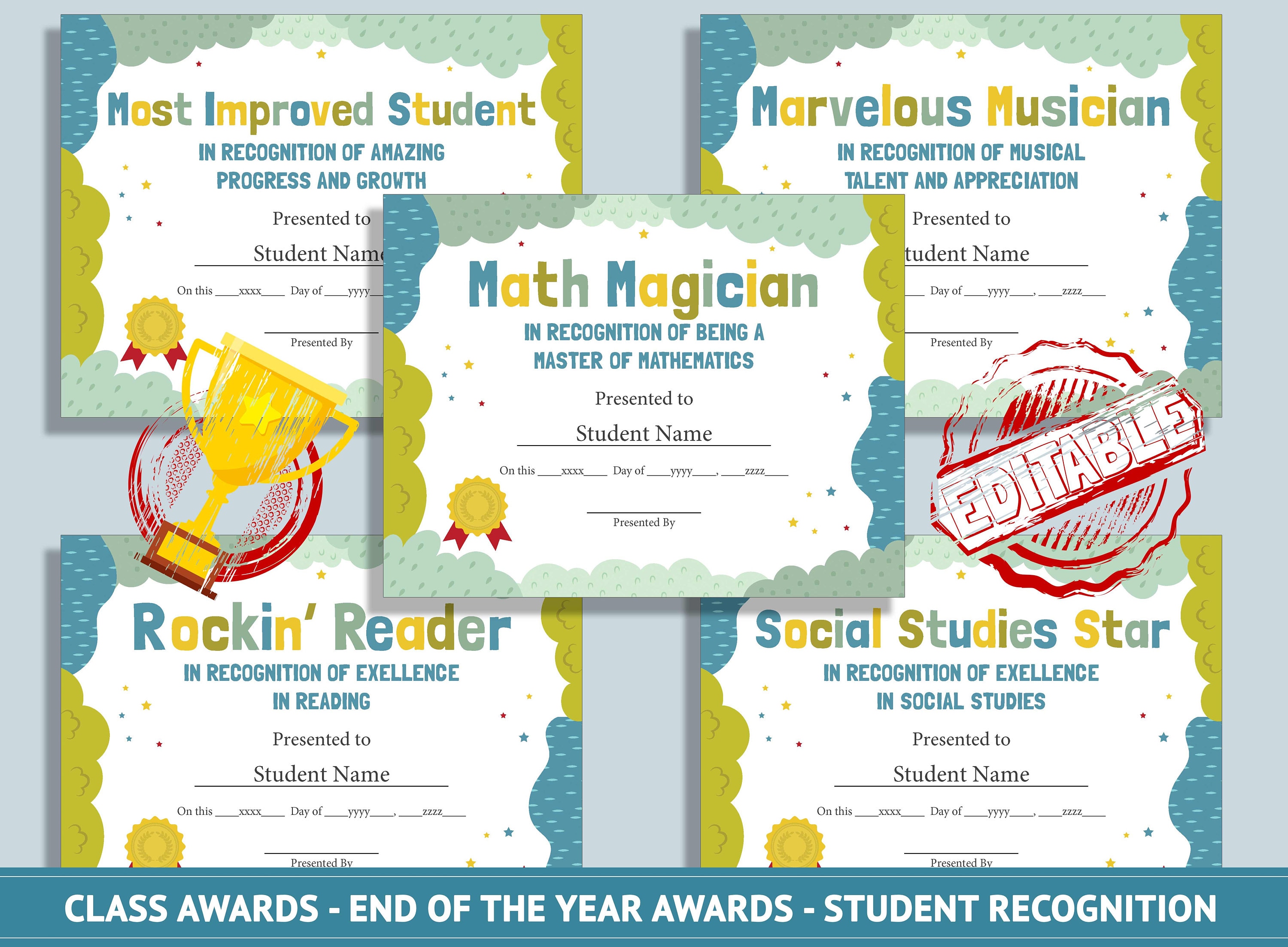 26 Editable Classroom Certificates End of the Year Awards Student ...
