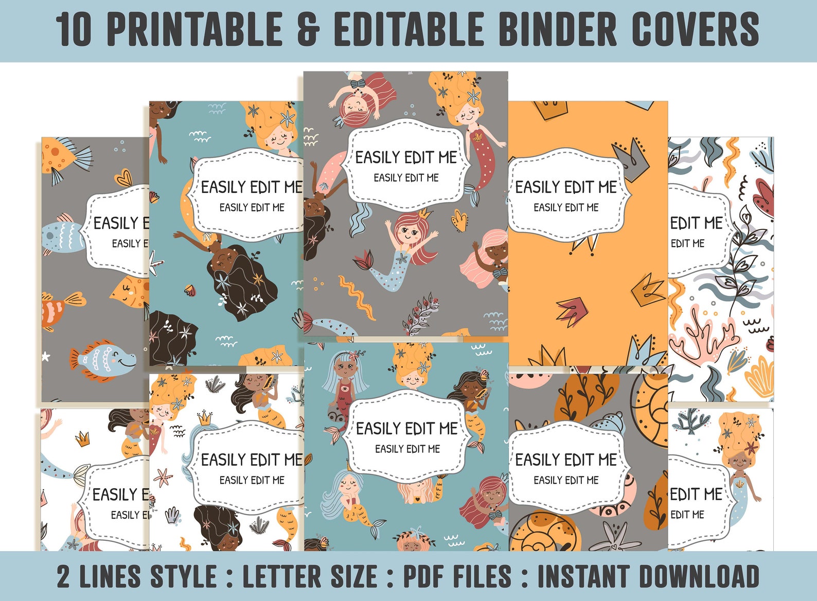 Mermaids & Sea Animals Binder Covers 10 Printable/editable - Etsy