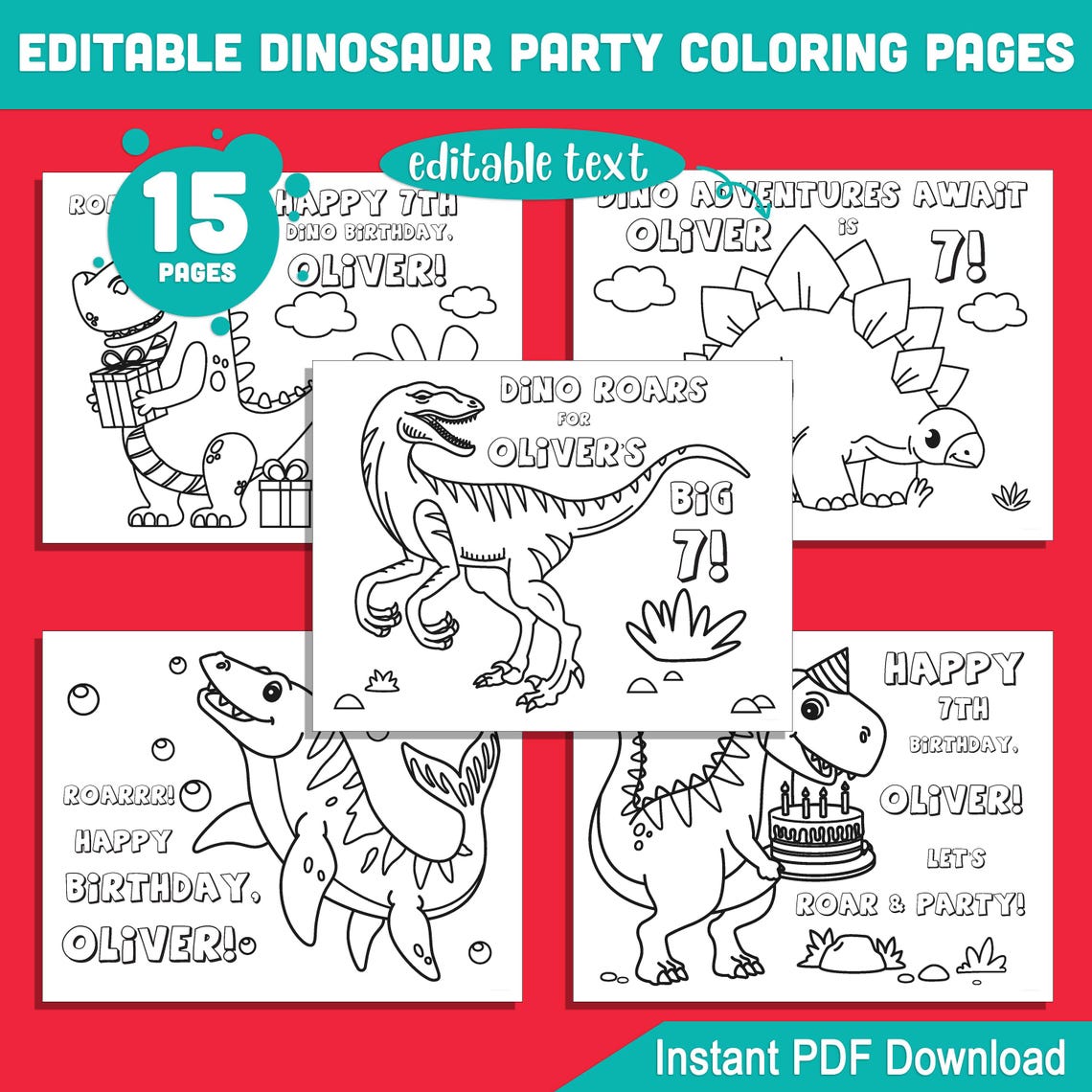 Editable Dinosaur Party Coloring Pages: 15 Fun Printable Sheets for a ...