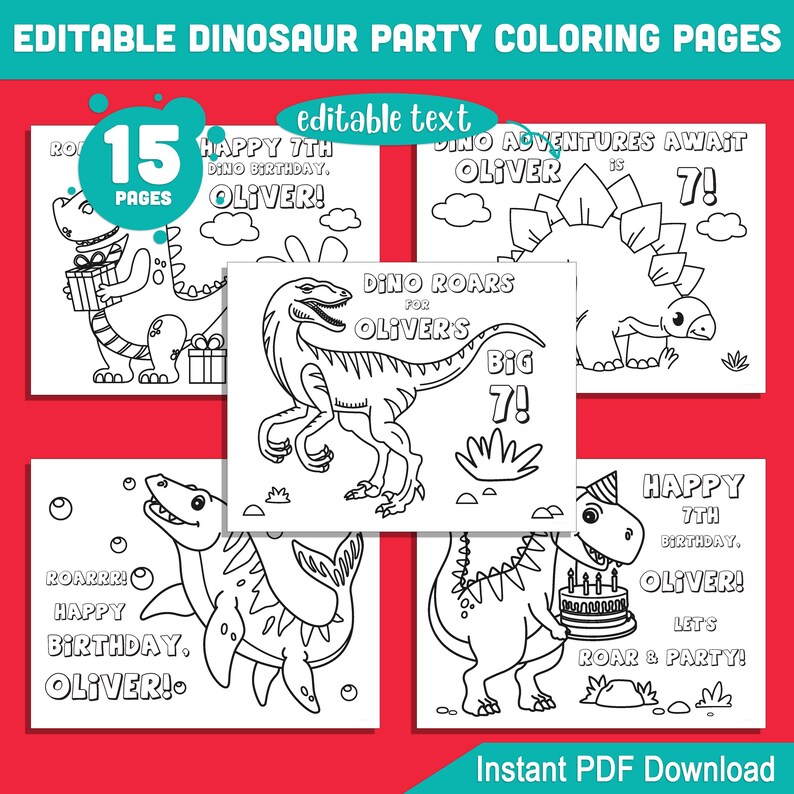 Editable Dinosaur Party Coloring Pages: 15 Fun Printable Sheets for a ...
