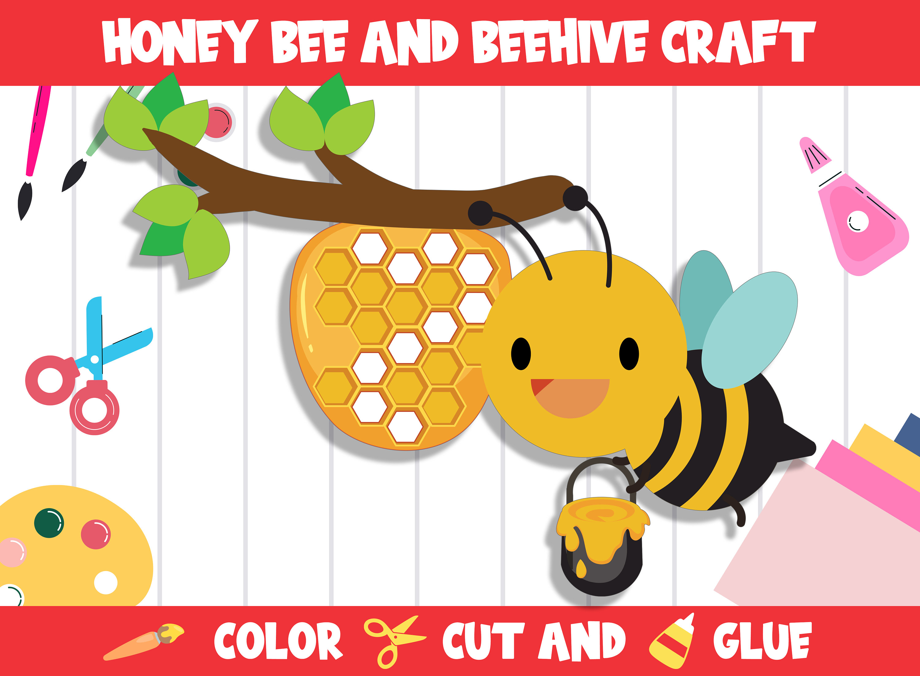 Honey Bee and Beehive, Spring Craft Activity : Color, Cut, and Glue for ...