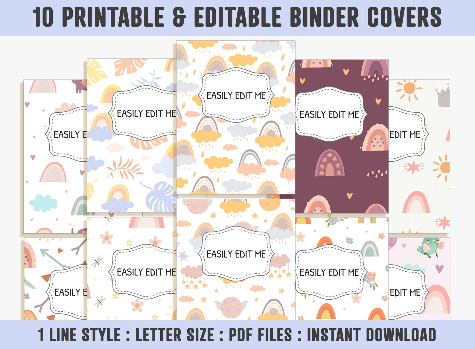 Rainbow Binder Cover Printable Editable, 10 Coversspines, Binder Insert ...