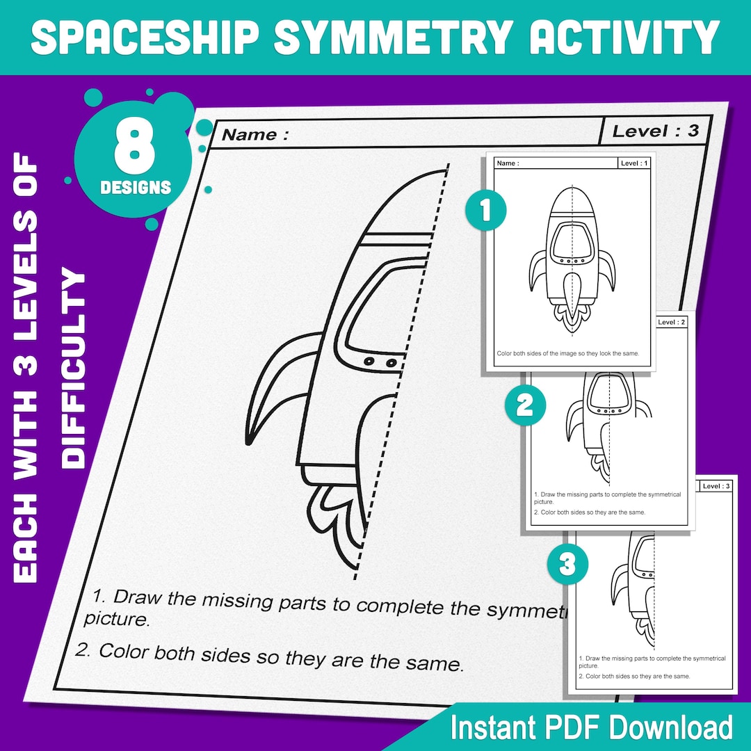 Rocket and Spaceship Symmetry Activity: 24 Pages of Fun Space-themed ...