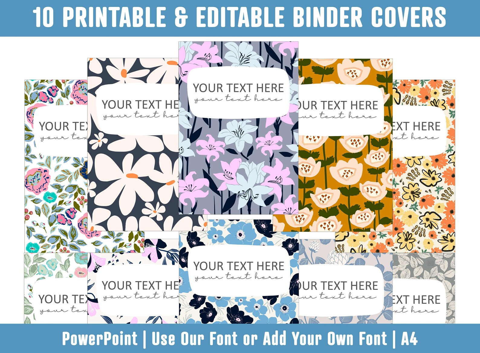 Powerpoint Binder Covers, 10 Printable/editable Flower Botanical Covers ...