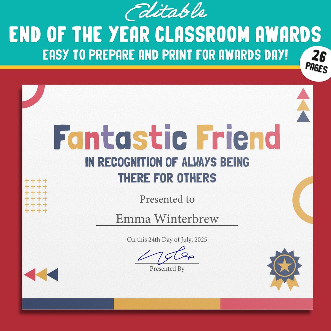 Editable Classroom Awards for Middle and High School Students, End of ...
