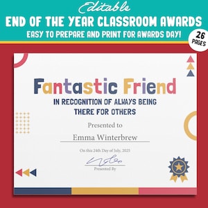 Editable Classroom Awards for Middle and High School Students, End of ...