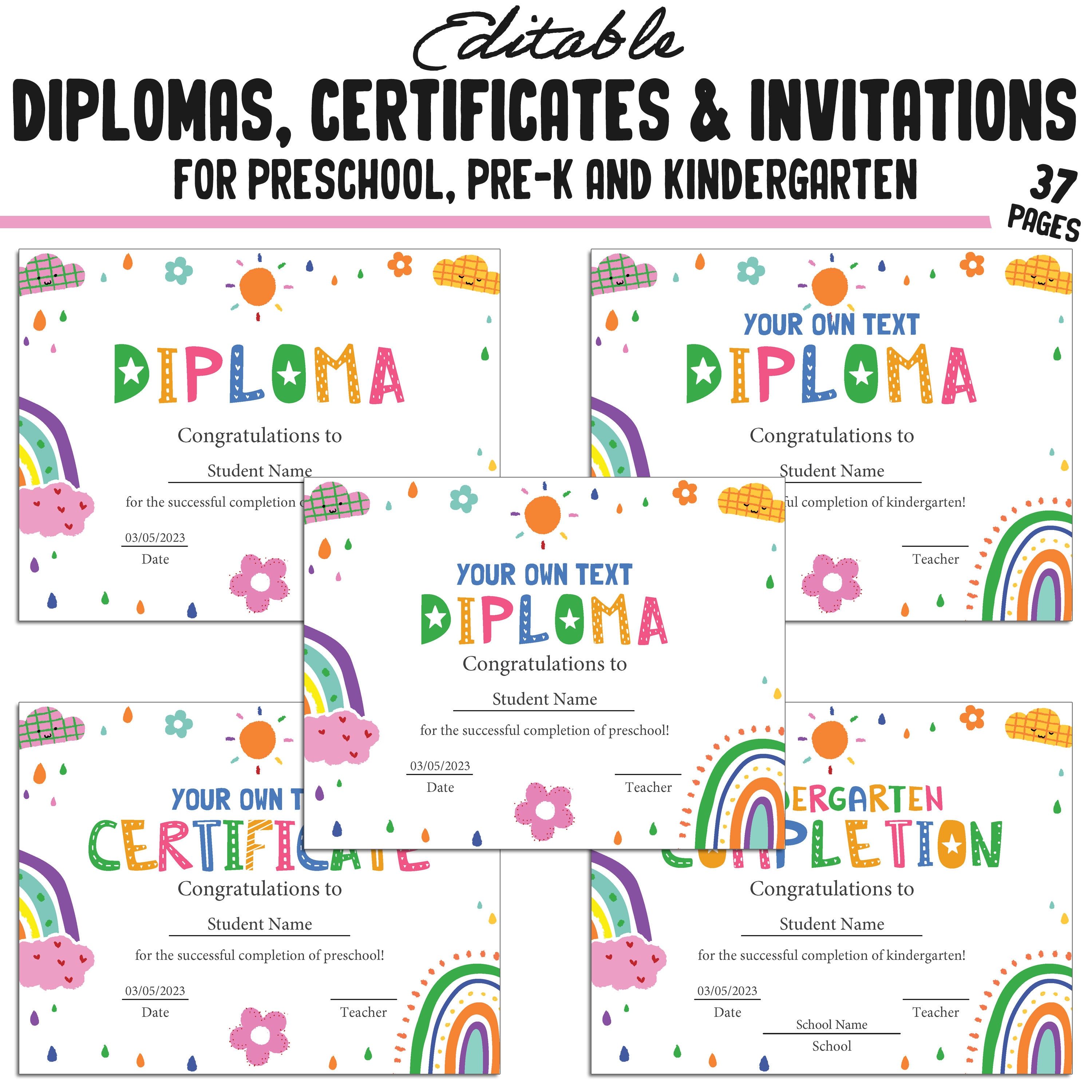 37 Editable Printable Pre-k, Kindergarten, and Preschool Diploma and ...