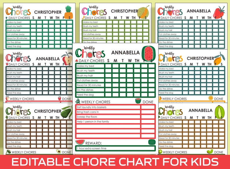 Chore Chart for Kids Fruit, Printable/editable Chore Chart for Kids ...