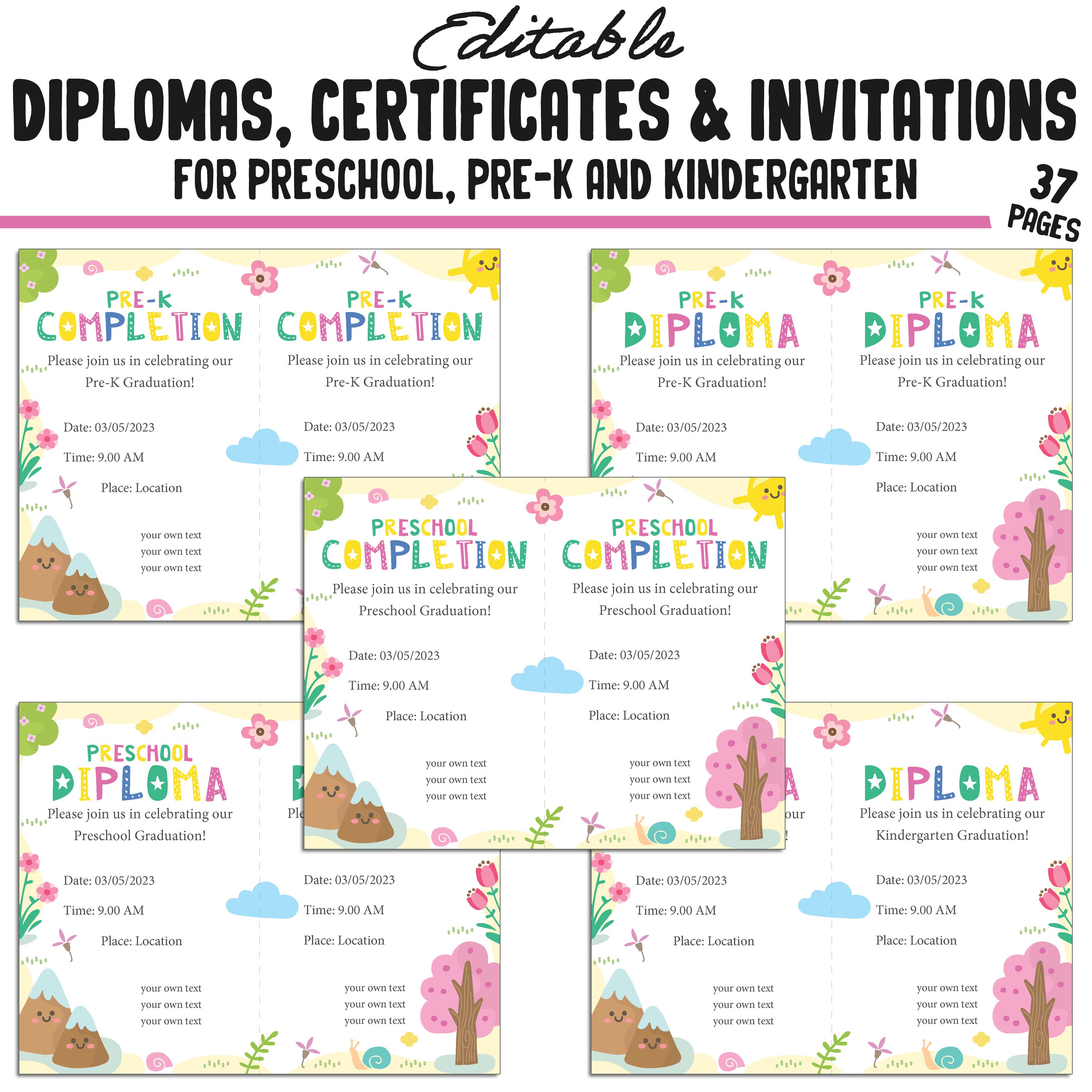 37 Editable Pre-k Certificates, Lovely Nature Themed, Kindergarten ...
