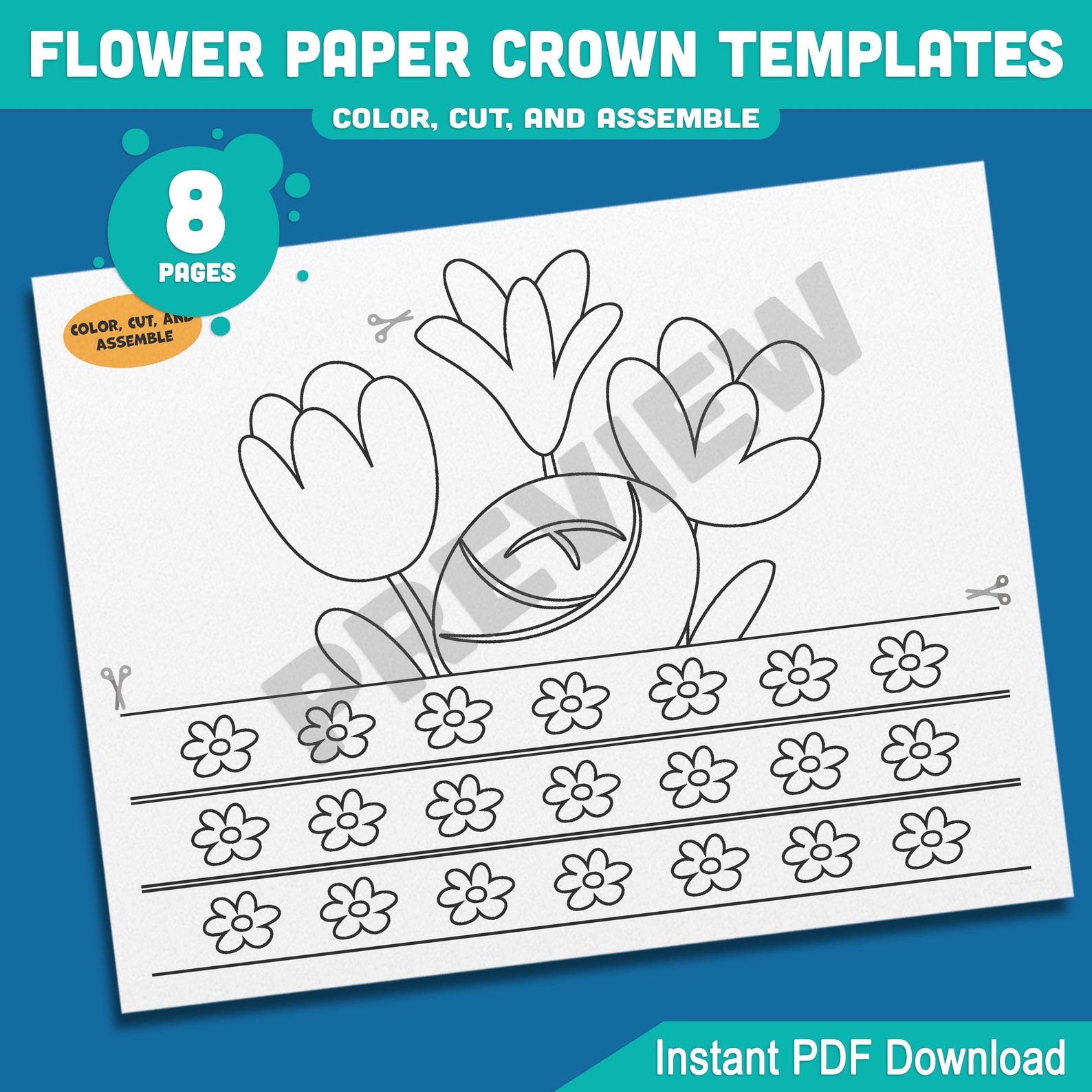 Flower Paper Crown Templates, Printable Spring Headband, 8 Pages, 4 ...