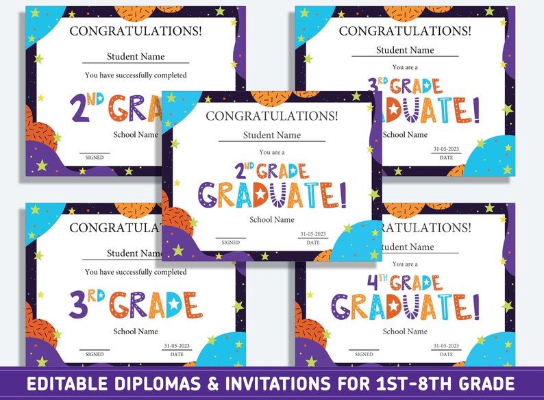 Editable Second Grade Certificate, 1st to 8th Grade Diploma ...