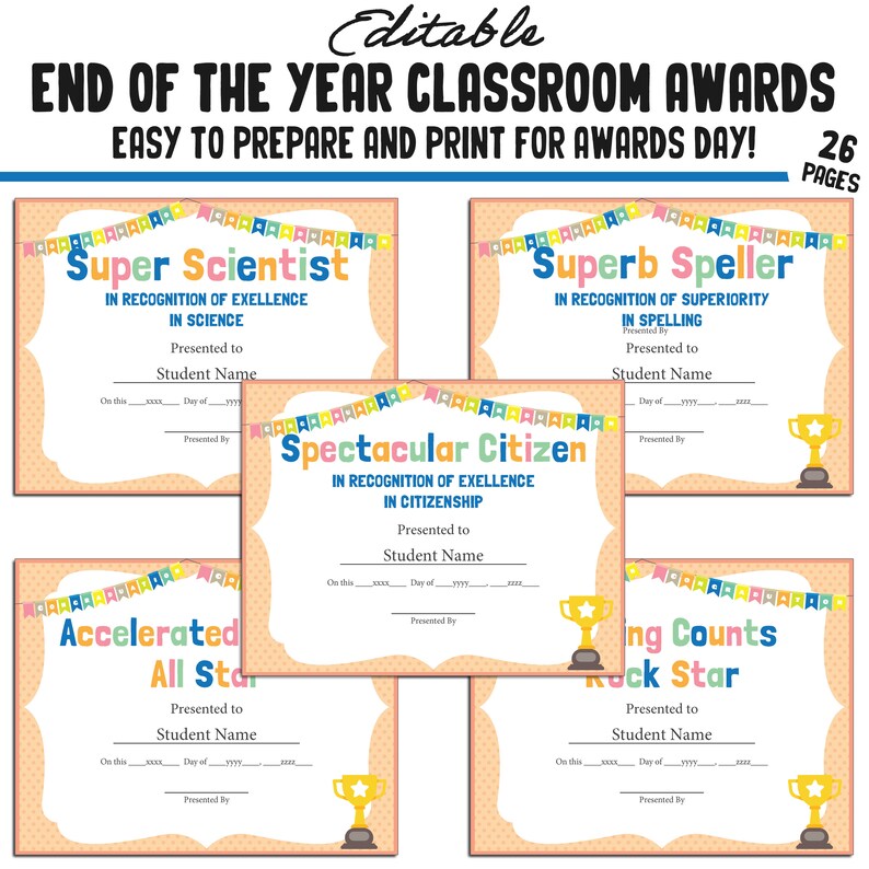 Printable & Editable End of Year Awards Certificates, 26 Pages, PDF ...